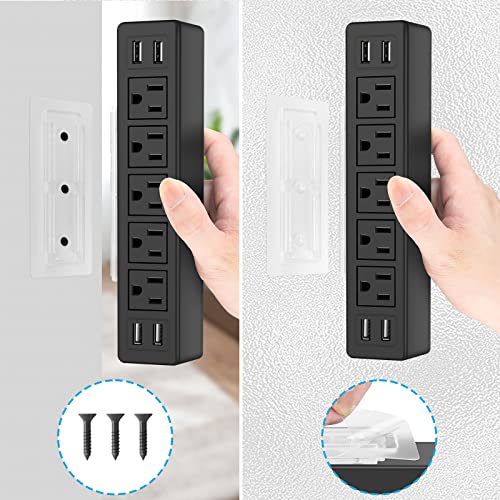 Black Under Desk Power Strip, Adhesive Wall Mount Power Strip with USB,Desktop Power Outlets, Removable Mount Multi-Outlets with 4 USB Ports, Power Socket Connect 5 Plugs for Home Office Reading