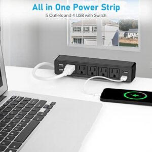 Black Under Desk Power Strip, Adhesive Wall Mount Power Strip with USB,Desktop Power Outlets, Removable Mount Multi-Outlets with 4 USB Ports, Power Socket Connect 5 Plugs for Home Office Reading