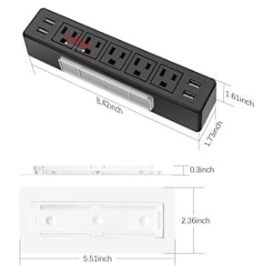 Black Under Desk Power Strip, Adhesive Wall Mount Power Strip with USB,Desktop Power Outlets, Removable Mount Multi-Outlets with 4 USB Ports, Power Socket Connect 5 Plugs for Home Office Reading