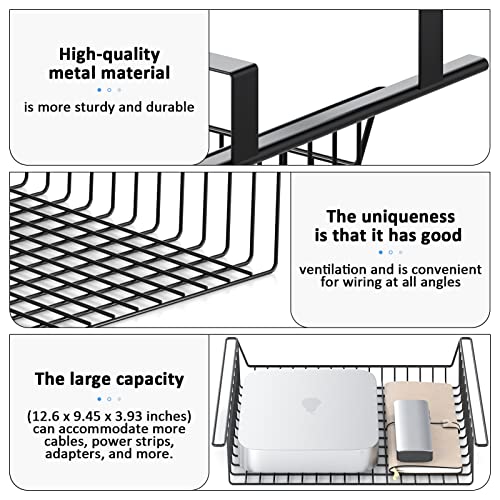 Under Desk Storage Shelf 1 Pack - Metal Under Desk Drawer Slide Out - No Drill/Drill Under Desk Cable Management Tray Basket - Large Under Table Organizer Rack for Home Office, 12.6 x 9.45 x 3.93in