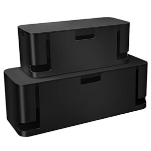 cable management box black, 2pack cord organizer box - extra large and medium size, cord hider box to conceal power strips on desk or floor, made from electrically safe abs material