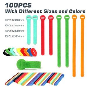 Cable Ties 100PCS，4+6+8+10 Inch Reusable Cable Management，Multi-Purpose Adjustable Cord Organizer，Fastening Microfiber Cloth Hook and Loop Cable Organizer Wire Straps，Assorted Colors