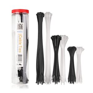 cable matters 200-pack indoor and outdoor 6, 8,12-inch self-locking nylon zip ties assorted sizes (tie wraps, cable ties, zipties) in black and white