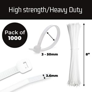 8 Inch White Zip Cable Ties (1000 Bulk Pack), 40lbs Tensile Strength - Heavy Duty, Self-Locking Premium Nylon Cable Wire Ties for Indoor and Outdoor by Bolt Dropper (White)