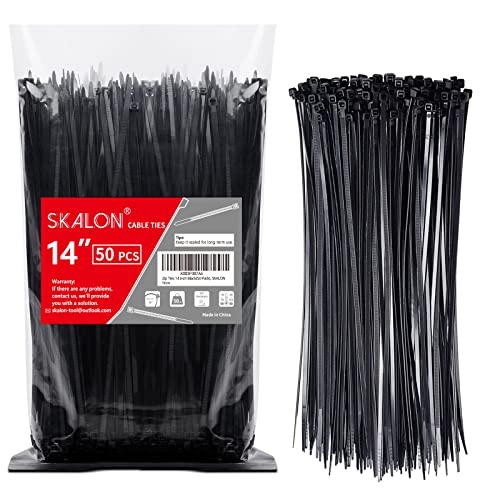 Zip Ties 14 inch (50 Pack), Black, 50 lb, UV Resistant Cable Ties for indoor and outdoor by SKALON