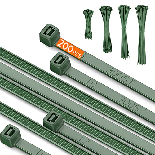 200pcs 4 Sizes Cable Zip Ties, Idemeet 12+10+8+4 Inch Heavy Duty PA66 Plastic Wire Ties, Premium Self-locking Nylon Cable Ties Decoration Tie Wraps for Gardening Fence Farming Grid Wall, Green