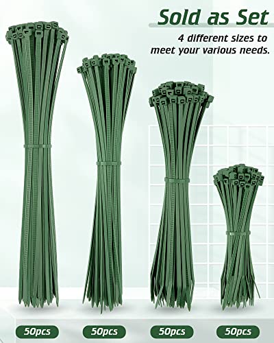 200pcs 4 Sizes Cable Zip Ties, Idemeet 12+10+8+4 Inch Heavy Duty PA66 Plastic Wire Ties, Premium Self-locking Nylon Cable Ties Decoration Tie Wraps for Gardening Fence Farming Grid Wall, Green