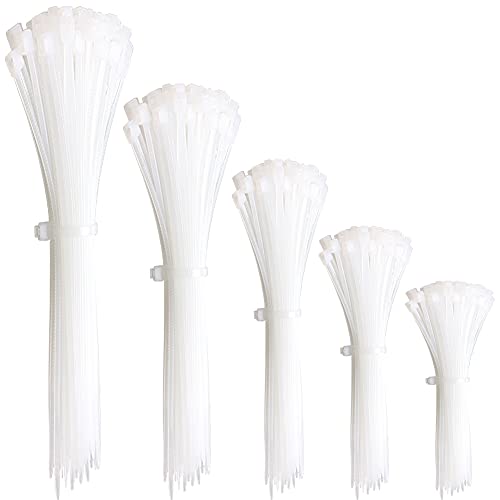 Oksdown 300pcs White Zip Ties Assorted Sizes 4/6/8/10/12 Inch Clear Plastic cable ties from Small to Large Heavy Duty Nylon tie Wraps Multi-Purpose Variety Wire Ties