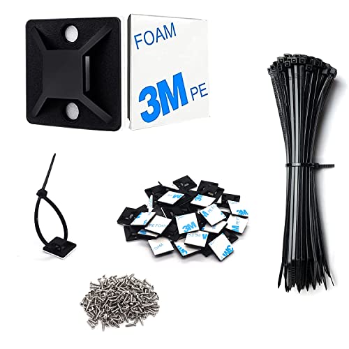 Strong Back-Glue Self Adhesive Cable Zip Tie Mounts Kit - 50 Set Cable Management Clips with 6" Zip Ties, Wire Holders and Screws - Outdoor Sticky Wire Organizer Clips-Black (50 Set, Black)