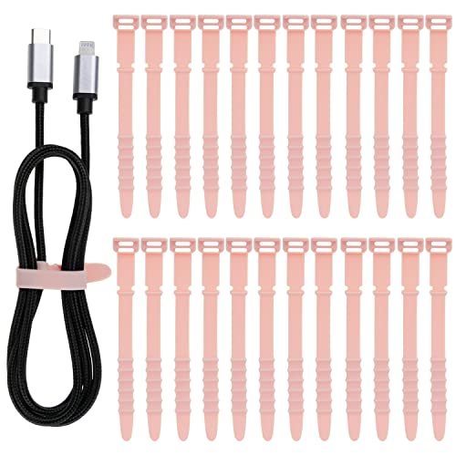 Neepanda 25Pack Reusable Cable Zip Ties, 4.5 Inch Elastic Silicone Cord Organizer Straps for Bundling and Organizing Phone Charging, Cable Wire, Headphones, Management Home Office Table (Pink)