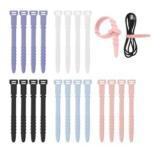 20 pcs silicone zip ties, reusable wire ties 4.5'' rubber cable ties straps for wire management home office table organizer, elastic cord ties in white, black, pink, purple, and blue