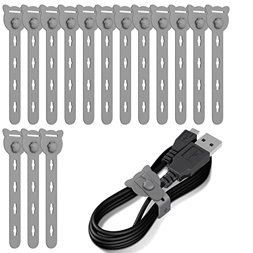 Nearockle 15Pcs Silicone Cable Straps, 5Inch Reusable Cable Ties Cord Organizer for Bundling and Fastening, Electronics Accessories Cable Management in Home, Office, Closet, Desk (Grey)