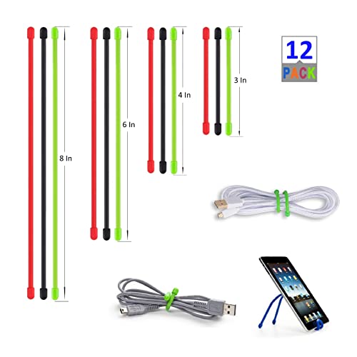 Silicone Twist Ties, Silicone Cable Ties,12pcs Steel-Core Rubber Twist Tie, Reusable Twist Ties for Cords Wire, Cable Tie Straps Organizer. 3 4 6 and 8 inches