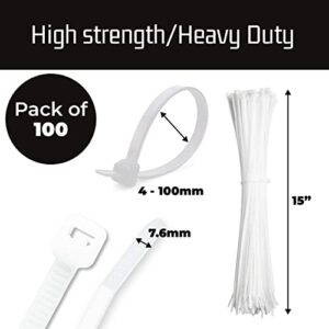 15 Inch White Zip Cable Ties (100 Pack), 120lbs Tensile Strength - Heavy Duty, Self-Locking Premium Nylon Cable Wire Ties for Indoor and Outdoor by Bolt Dropper (White)