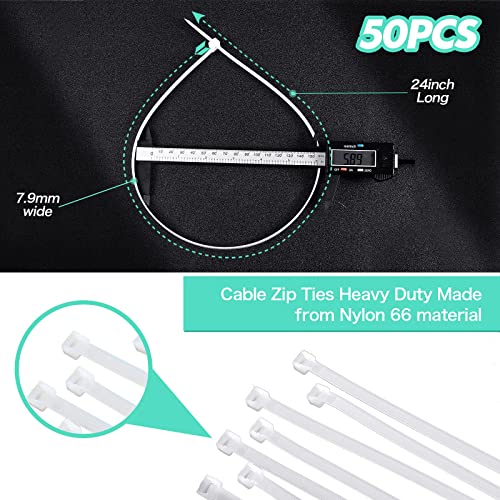 50 Pcs Zip Ties Heavy Duty Strong Large Cable Industrial Sturdy Wire Ties, Awnings Tying Branches Bundling of Crops Fixed Water Pipes(White,24 inch x 7.9 mm)