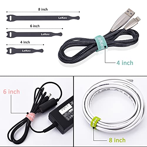 Lekou Combo Cable Ties 60 PCS- 4 Inch, 6 Inch, 8 Inch Fastening Cable Straps, Reusable Hook and Loop Straps Wire Management, Cord Organizer Cable Ties for Home Desk Office Organization