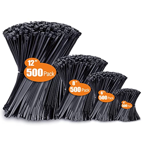 Zip Ties Assorted Sizes(4”+6”+8”+12”), 2000 Pack, Black Cable Ties, UV Resistant Wire Ties by ANOSON