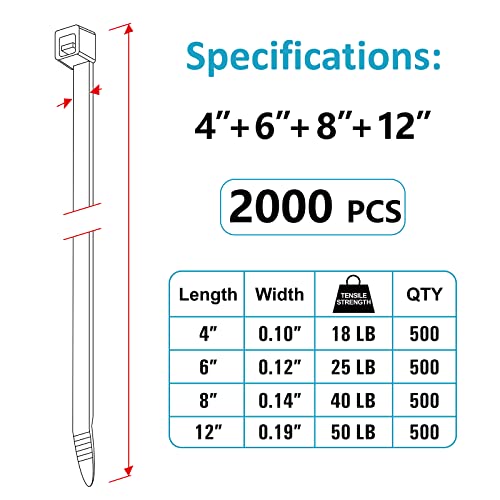 Zip Ties Assorted Sizes(4”+6”+8”+12”), 2000 Pack, Black Cable Ties, UV Resistant Wire Ties by ANOSON