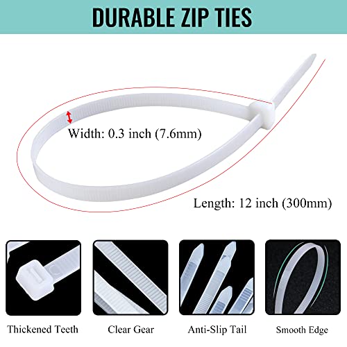 Zip Ties Heavy Duty 12 inch White Zip Cable Tie with 120 lbs Tensile Strength, Industrial Strong Cable Ties UV Resistant Nylon Zipties for Outdoor Indoor Use 100 Pack by EMINCOUP