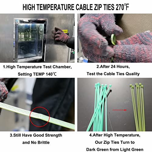 Extreme High Heat Resistant Cable Zip Ties 8 Inch Heavy Duty Green Zipties 100pcs,Weather Proof Plastic Tie Wraps Heat Stabilized 40 Pounds Tenstil Strength for Duct,Apply to Temp 266 Degree F