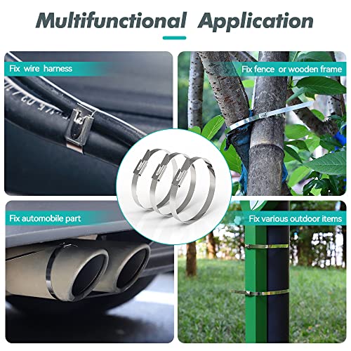 JOUGU Metal Zip Ties 11.8 inch 304 Stainless Steel Locking Cable 250LB 300mm 100pcs Heavy Duty Exhaust Wrap Multi Purpose Binding for machinery, vehicles, farms, cables, pipes,Fence