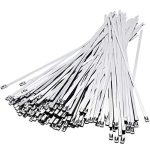 tevado 100pcs metal cable zip ties heavy duty 11.8 inch, premium stainless steel zip ties exhaust wrap with 198lbs tensile strength, multi-purpose self-locking metal wrap ties for indoor and outdoor