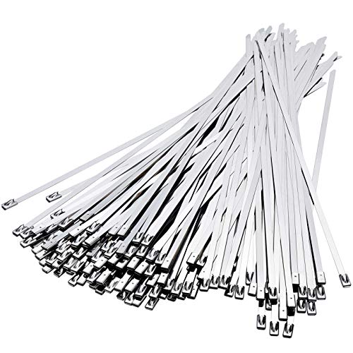 TEVADO 100PCS Metal Cable Zip Ties Heavy Duty 11.8 Inch, Premium Stainless Steel Zip Ties Exhaust Wrap with 198LBS Tensile Strength, Multi-Purpose Self-Locking Metal Wrap Ties for Indoor and Outdoor