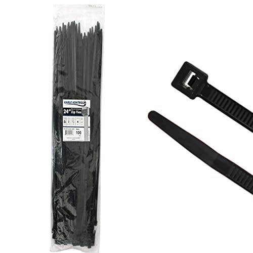 Kable Kontrol Heavy Duty Cable Zip Ties 100 Pcs 24 Inch Black, 175 Lbs Tensile Strength, Self-locking UV Resistant Plastic Nylon Wire Ties, for Indoor or Outdoor Use