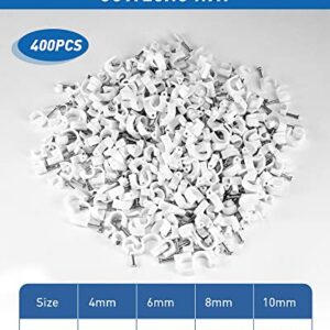 400pcs Cable Wire Clips Circle Cable Clips with Steel Nail 4、6、8、10mm Management RG6 RG59 CAT5 CAT6 RJ45 Electrical Ethernet Dish TV Speaker Cord Tie Holder Single,White Plastic,Coax,Coaxial Clamps