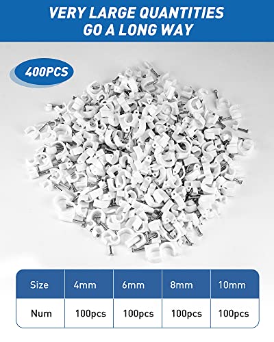 400pcs Cable Wire Clips Circle Cable Clips with Steel Nail 4、6、8、10mm Management RG6 RG59 CAT5 CAT6 RJ45 Electrical Ethernet Dish TV Speaker Cord Tie Holder Single,White Plastic,Coax,Coaxial Clamps