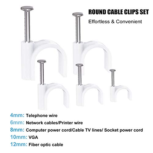 Attmu 500 Pack Cable Clips White Cable Wire Clips ​Management with Steel Nails 4mm 6mm 8mm 10mm 12mm Ethernet Cable Nails Round Cable Wire Tacks for Cat6 Rg6, Rg59, Rj45 Cable, White