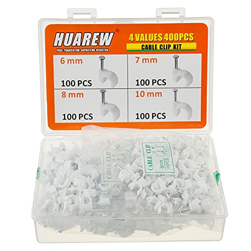 HUAREW 4 Sizes 400 Pcs White Plastic Steel Nail Cable Clips Apply to RG6 RG59 CAT5 CAT6 Ethernet/TV Wire/Telephone/Led Starlight/Print Cable Round Management Cable Wire Clips 6/7/8/10 mm