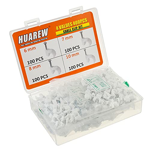 HUAREW 4 Sizes 400 Pcs White Plastic Steel Nail Cable Clips Apply to RG6 RG59 CAT5 CAT6 Ethernet/TV Wire/Telephone/Led Starlight/Print Cable Round Management Cable Wire Clips 6/7/8/10 mm