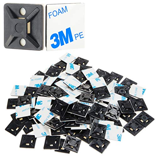 100 PCS 3/4" Black 3M Back-Glue Self Adhesive Cable Zip Tie Mounts Wire Cable Clips Holders Management Anchors Organizer Holders Squares(HS-101S)