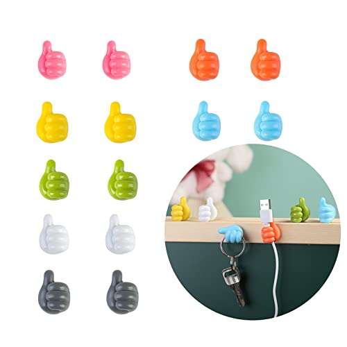 Thumb Wall Hooks for Hanging, 14pcs Self Adhesive Thumb Cable Organizer Clips No Punching Key Hook Holder Wall Hangers, Multifunctional Nails-Free Utility Silicone Hooks Desk Wire Management Storage