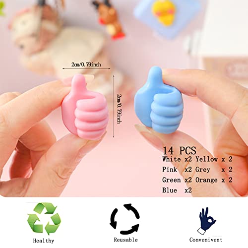 Thumb Wall Hooks for Hanging, 14pcs Self Adhesive Thumb Cable Organizer Clips No Punching Key Hook Holder Wall Hangers, Multifunctional Nails-Free Utility Silicone Hooks Desk Wire Management Storage