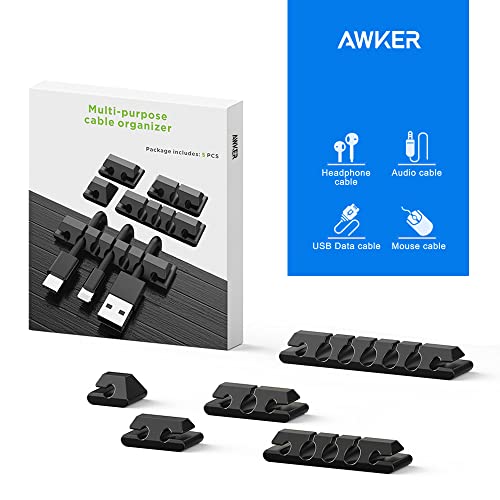 Awker 5 Pack Cable Organizer Clips, Cord Holder, (7-5-3-2-1 Slots) Cable Management Self Adhesive Cable Management for USB Cable/Power Cord/Wire, Desk, Home, Office More (White)