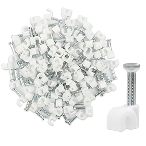 MJIYA Cable Wire Clips, Cable Management100 Pack Cable Staples Wire Cord Tie Holder Single Coaxial Nail Clamps Cord Clips For Wall (10mm, White)