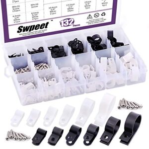 swpeet 135 pack 6 sizes white+black nylon plastic r-type cable clips clamp assortment kit, 3/16" 1/4" 3/8" 1/2" 3/4" 1" nylon screw mounting cord fastener clips with 135pcs screws for wire management