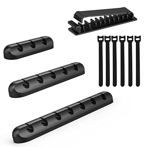 10 Pcs Cord Management Organizer Kit 3 Pcs Cable Holder Clips + 1 Pcs Cord Organizer + 6 Pcs Cable Ties, Silicone Adhesive Cable Holder for Car, Home and Office (Black)