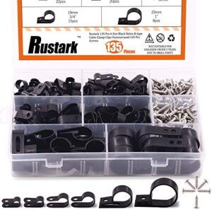 rustark 135 pcs 6 size black nylon r-type cable clamp clips fasteners assortment kit with mounting screw and 135 pcs screws organizer cord clips for wire management