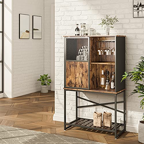 Bestier Wine Bar Cabinet for Liquor and Glasses Coffee Station Buffet Sideboard with Wine Glass Rack Mini Bar for Home Kitchen Storage Cabinet with Sliding Door and Open Shelf