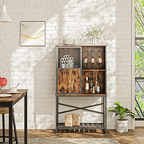 Bestier Wine Bar Cabinet for Liquor and Glasses Coffee Station Buffet Sideboard with Wine Glass Rack Mini Bar for Home Kitchen Storage Cabinet with Sliding Door and Open Shelf