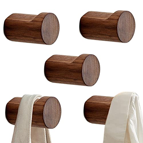 AULEST Wood Wall Hooks 5 PCS, Wooden Pegs Hooks Natural Handmade Home Decor Coat Hanger Wall Mounted for Hanging Robe Bag Purse Towel (Black Walnut)