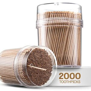 Prestee 2000ct Wooden Toothpicks + Reusable Toothpick Holder Container, Dark Wood - Sturdy Smooth Finish Bamboo Tooth Picks for Teeth, Party Cocktail Picks, Toothpicks for Appetizers, 100% Natural