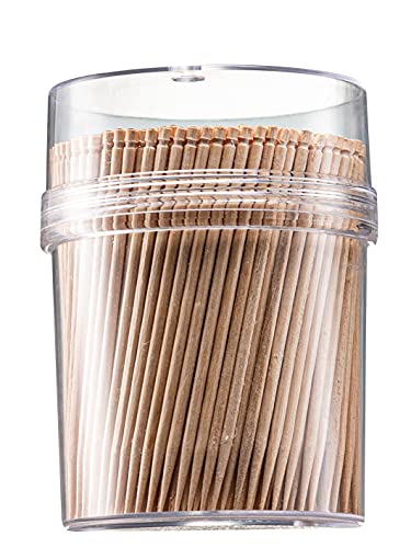 Prestee 2000ct Wooden Toothpicks + Reusable Toothpick Holder Container, Dark Wood - Sturdy Smooth Finish Bamboo Tooth Picks for Teeth, Party Cocktail Picks, Toothpicks for Appetizers, 100% Natural