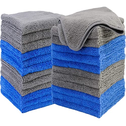 ProHomTex Microfiber Cleaning Towels, Set of 24, for House, Office & Auto, Dark Grey & Dark Blue (16" x 16")