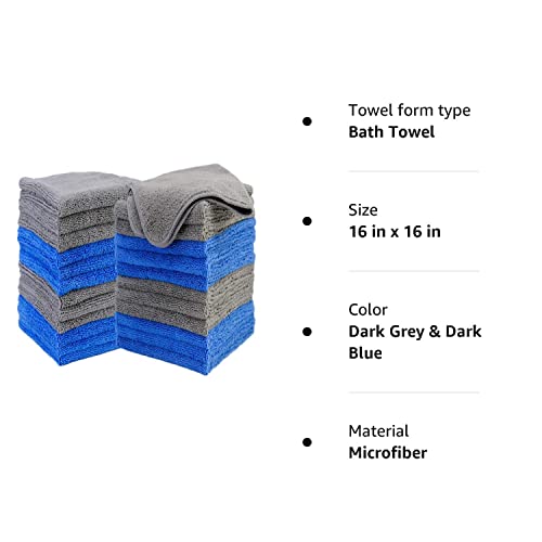 ProHomTex Microfiber Cleaning Towels, Set of 24, for House, Office & Auto, Dark Grey & Dark Blue (16" x 16")