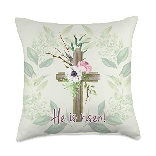 Easter Gifts & Christian Designs by NLTS He has Risen Christian Cross with Anemone Flowers Throw Pillow, 18x18, Multicolor