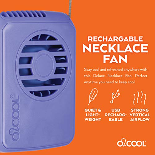 O2COOL Rechargeable Personal Necklace Fan – 3 Speed with Adjustable Lanyard, USB Charger, Purple